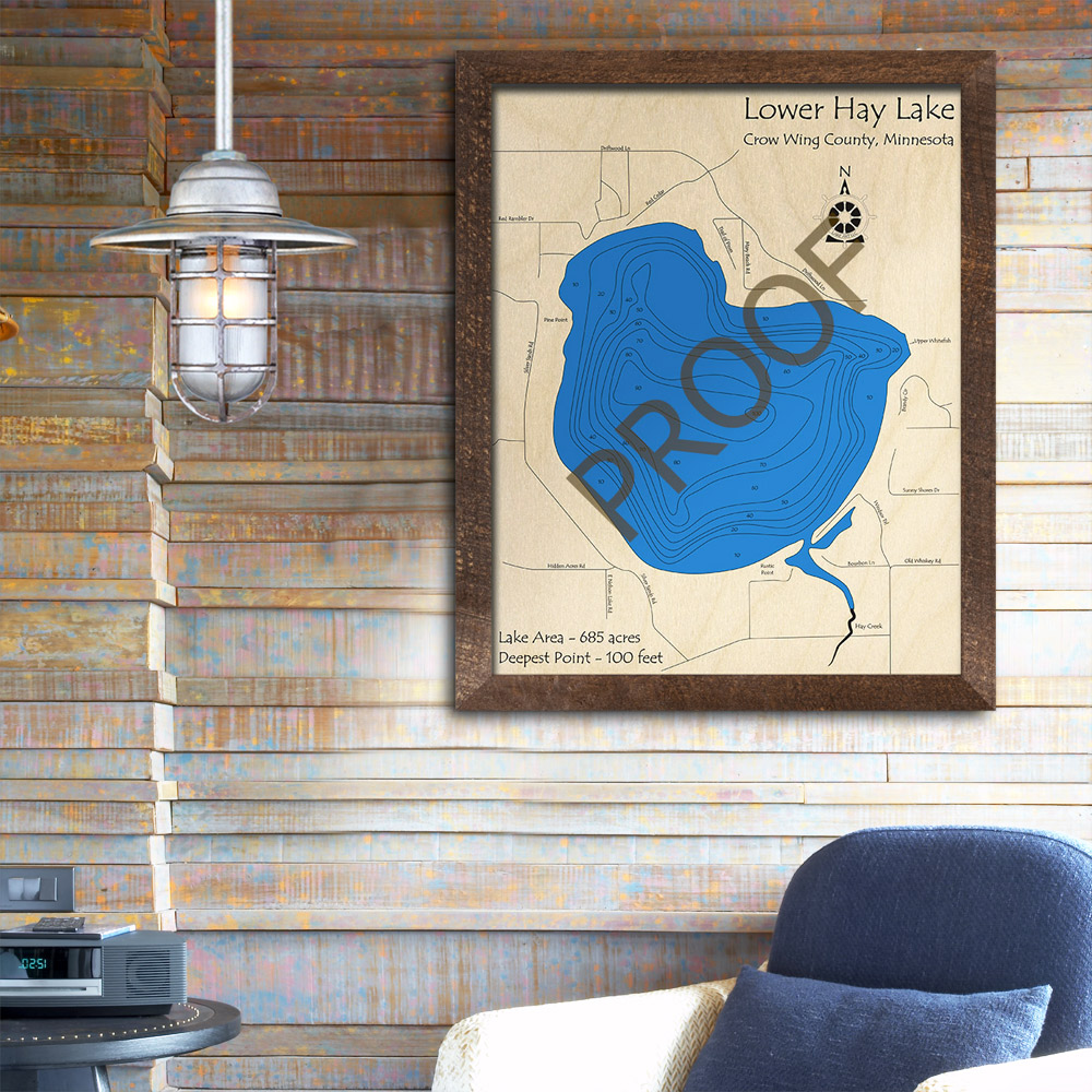 Lower Hay Lake 3D Wood Map, Crow Wing County Minnesota, Nautical Wood Chart