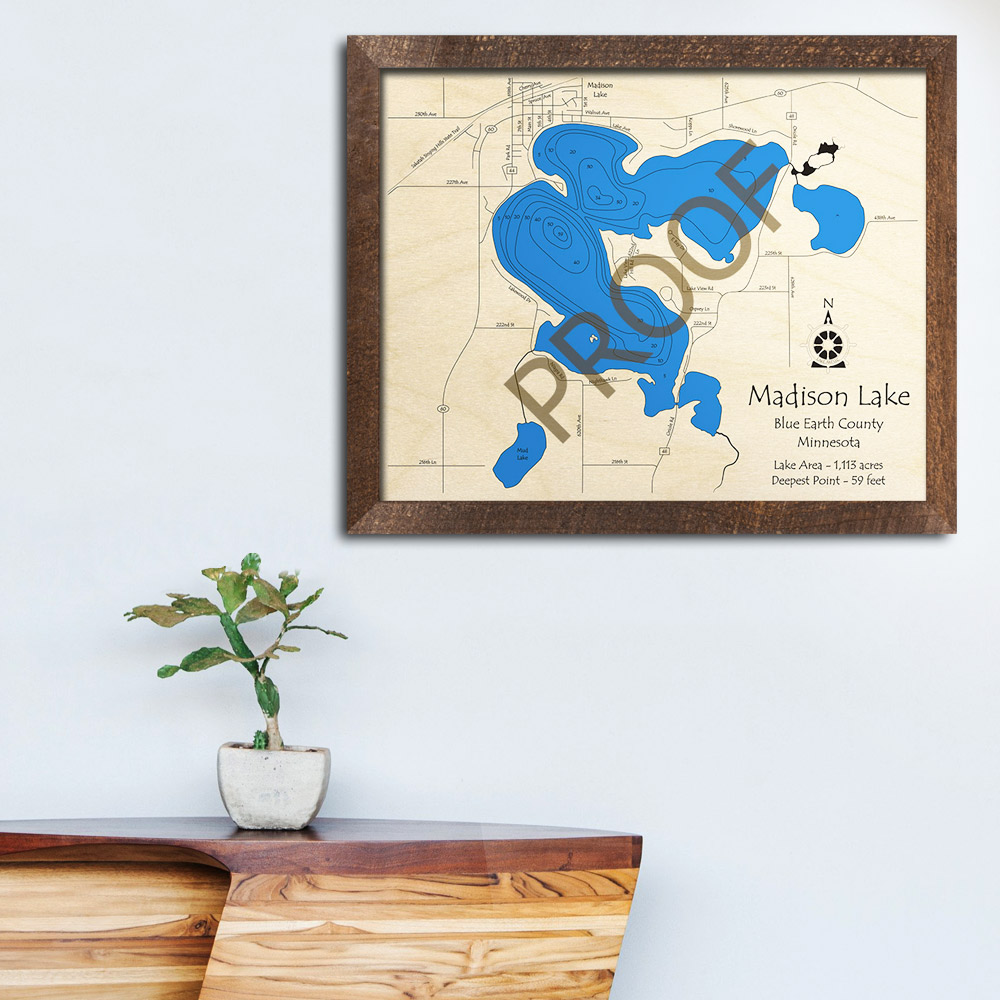 Madison Lake 3D Wood Map, Blue Earth County Minnesota, Nautical Wood Chart