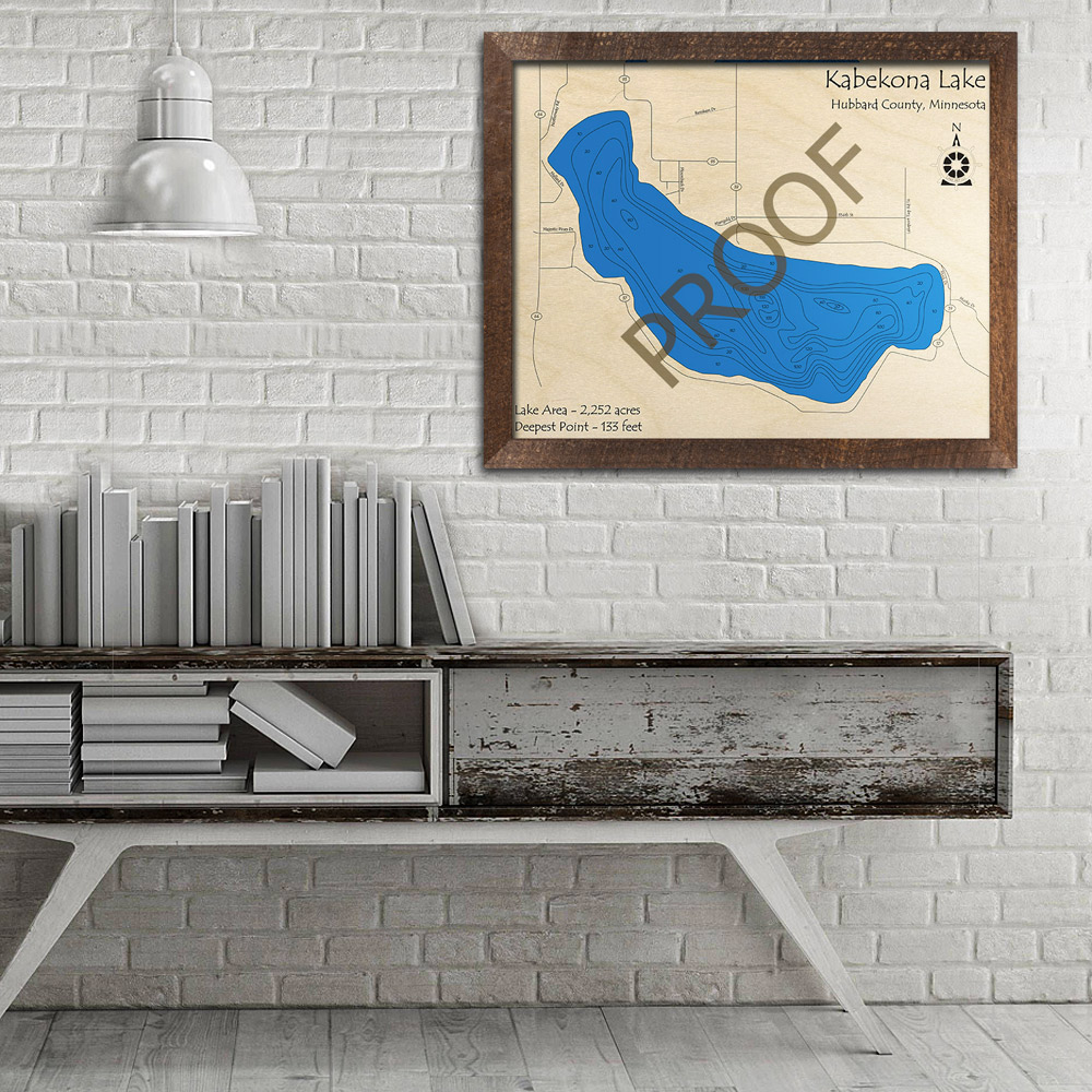 Kabekona Lake 3D Wood Map, Hubbard County Minnesota, Nautical Wood Chart