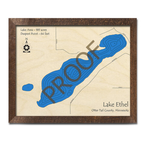 Lake Ethel 3D Wood Map, Otter Tail County Minnesota, Nautical Wood Chart