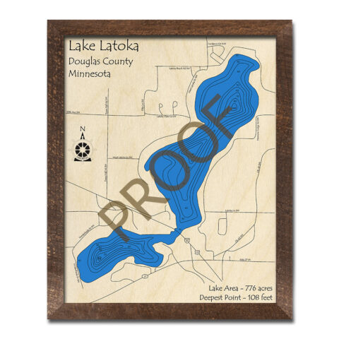 Lake Latoka 3D Wood Map, Douglas County Minnesota, Nautical Wood Chart