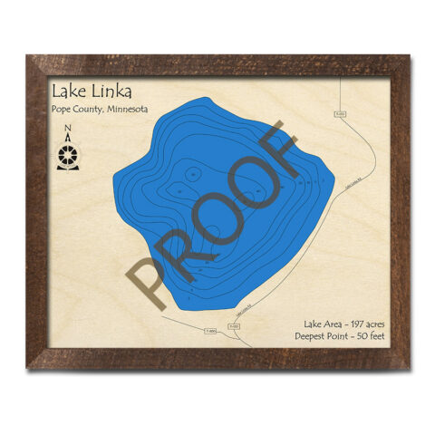 Lake Linka 3D Wood Map, Pope County Minnesota, Nautical Wood Chart