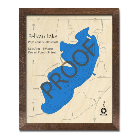 Pelican Lake 3D Wood Map, Pope County Minnesota, Nautical Wood Chart