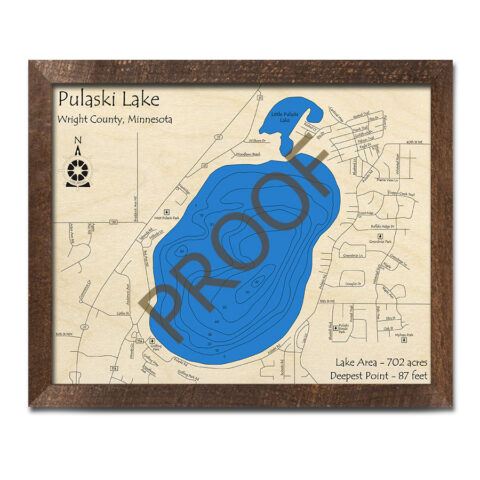 Pulaski Lake 3D Wood Map, Wright County Minnesota, Nautical Wood Wall Art