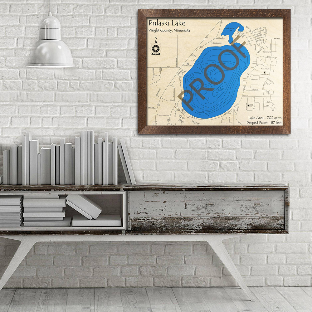 Pulaski Lake 3D Wood Map, Wright County Minnesota, Nautical Wood Wall Art