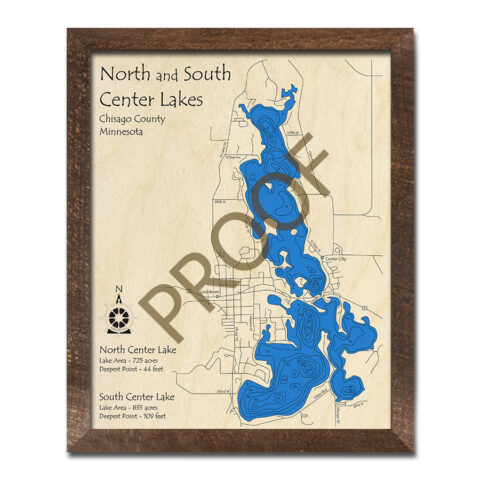 North and South Center Lake 3D Wood Map, Chisago County Minnesota ...