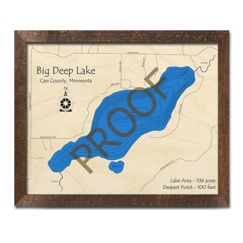 Big Deep Lake 3D Wood Map, Cass County Minnesota, Nautical Wall Art