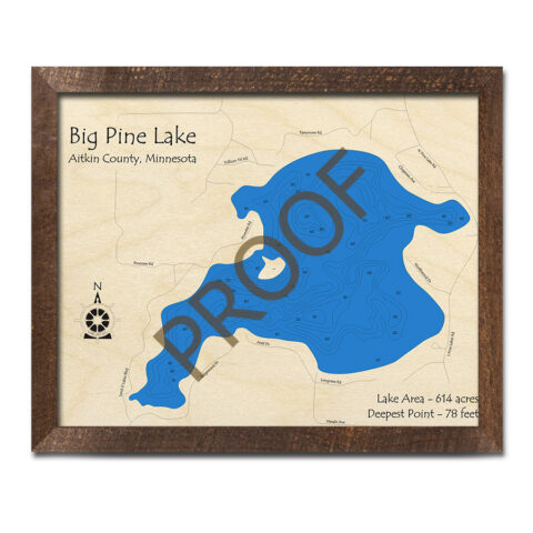 Big Pine Lake 3D Wood Map, Aitkin County Minnesota, Nautical Wall Art