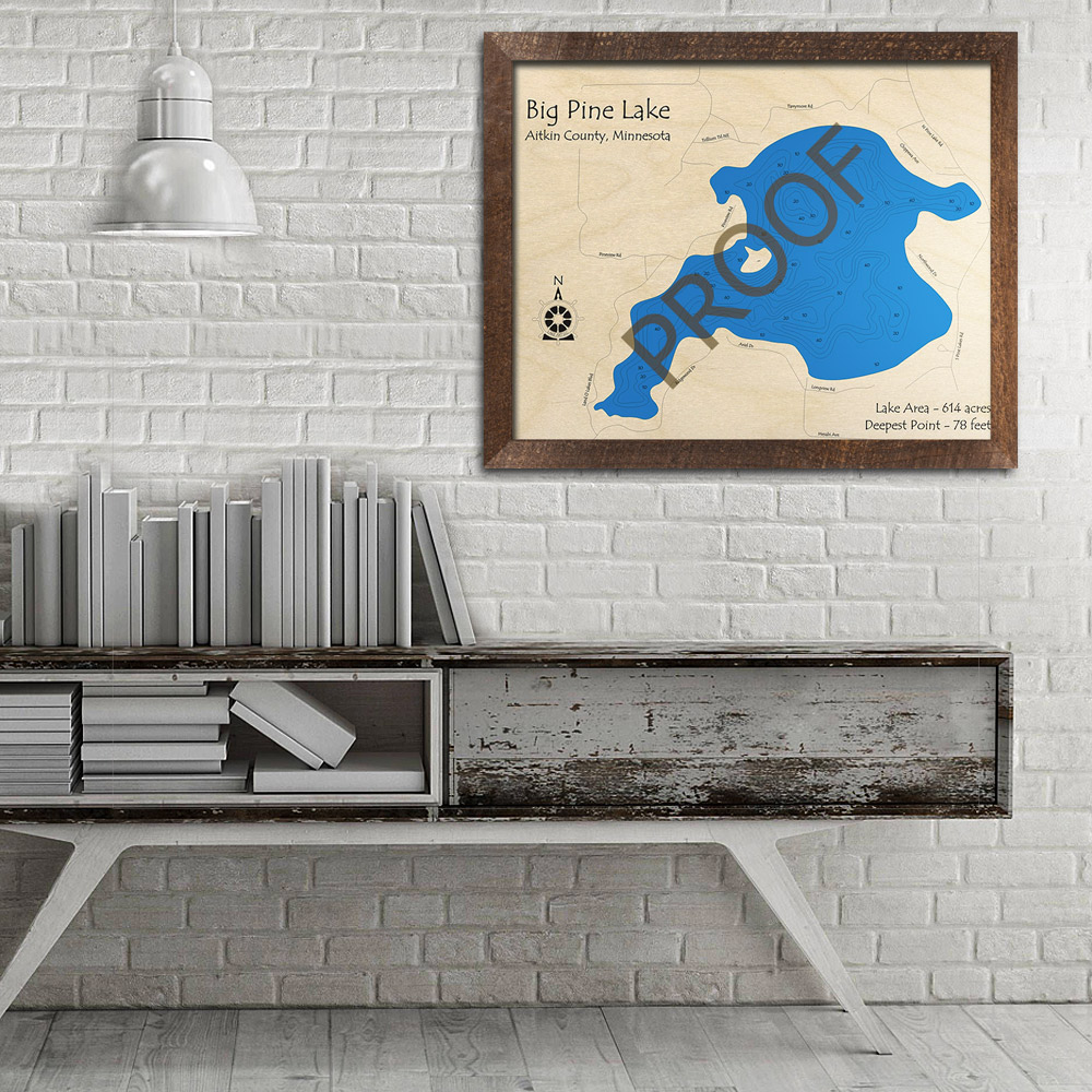 Big Pine Lake 3D Wood Map, Aitkin County Minnesota, Nautical Wall Art