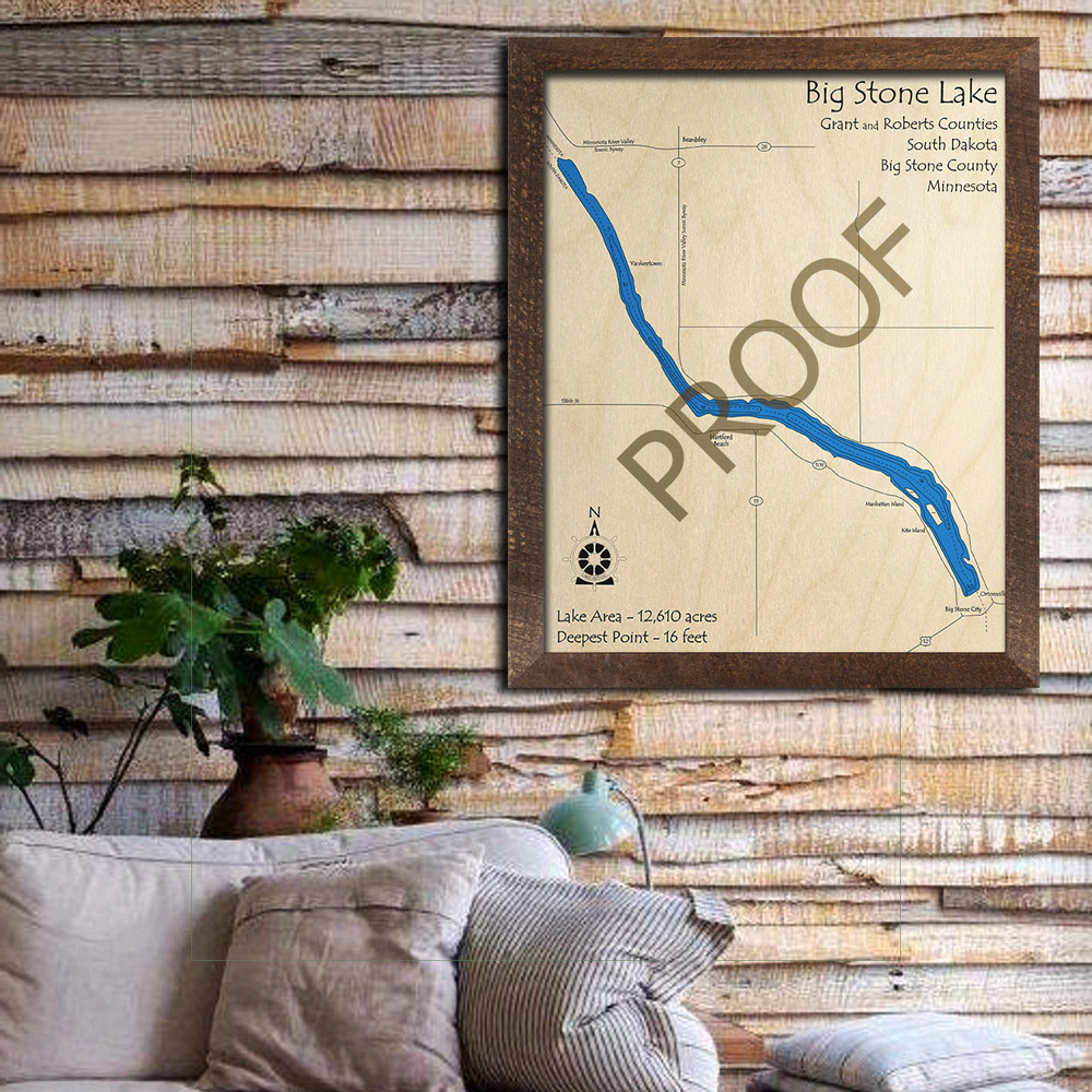 Big Stone Lake 3D Wood Map, SD / MN, Nautical Wall Art