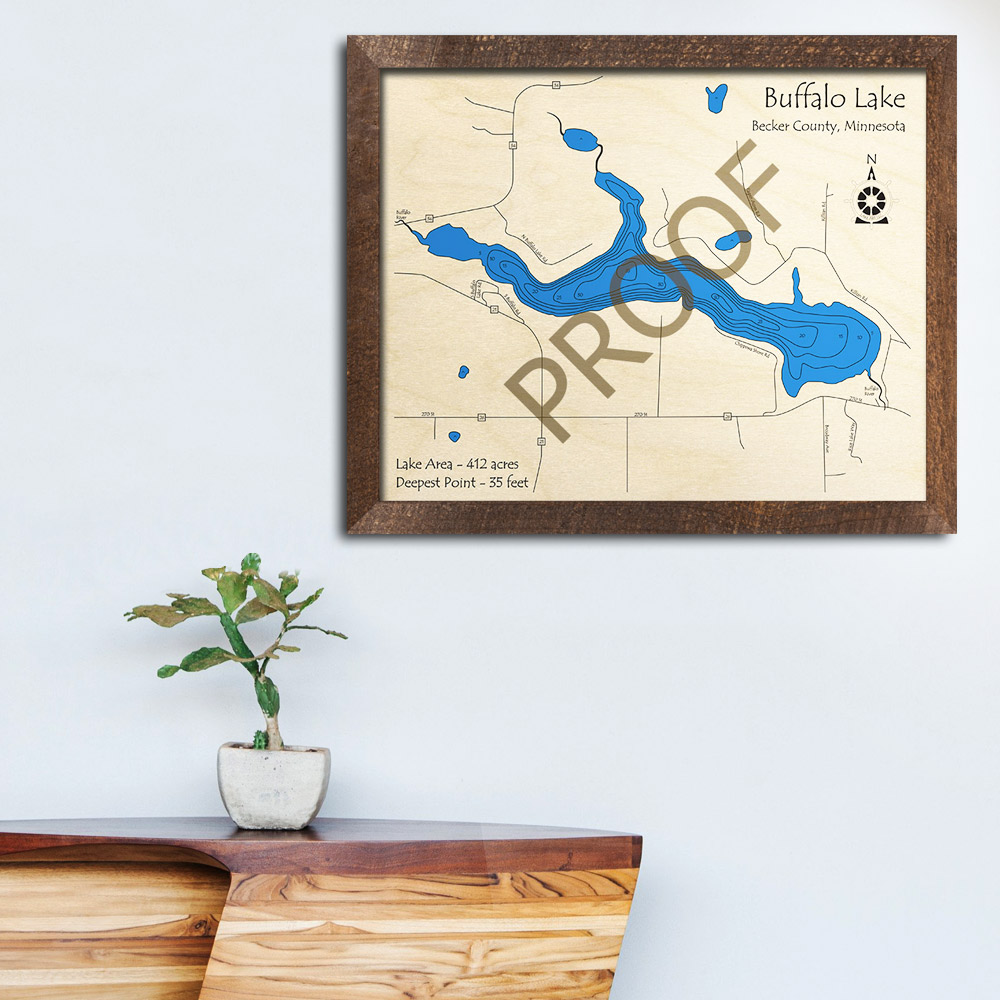 Buffalo Lake 3D Wood Map, Becker County Minnesota, Nautical Wall Art