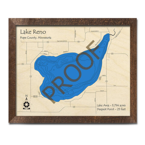 Lake Reno 3D Wood Map, Pope County Minnesota, Nautical Wall Art