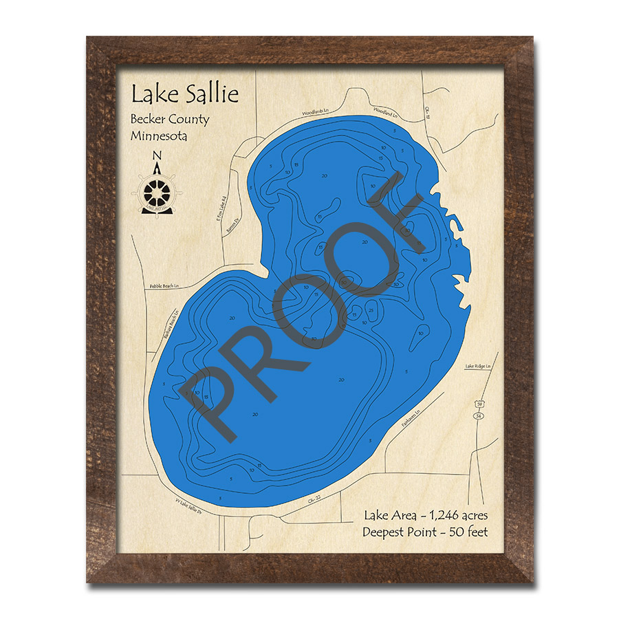Lake Sallie 3D Wood Map, Becker County Minnesota, Nautical Wall Art