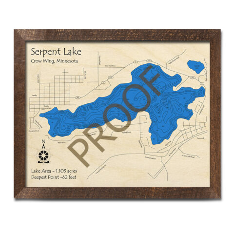 Serpent Lake 3D Wood Map, Crow Wing County Minnesota, Nautical Wall Art