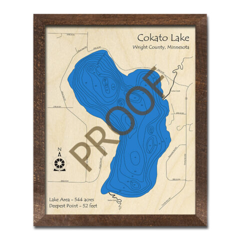Cokato Lake 3D Wood Map, Wright County Minnesota, Nautical Wall Art
