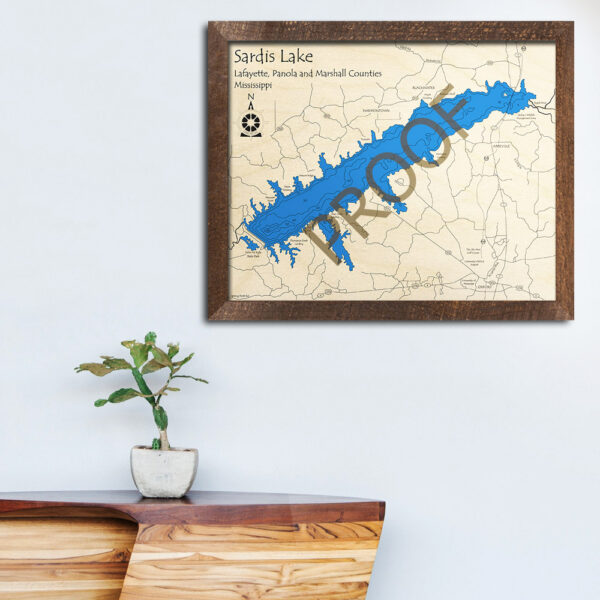 Sardis Lake 3D Wood Map, Mississippi, Nautical Wall Art