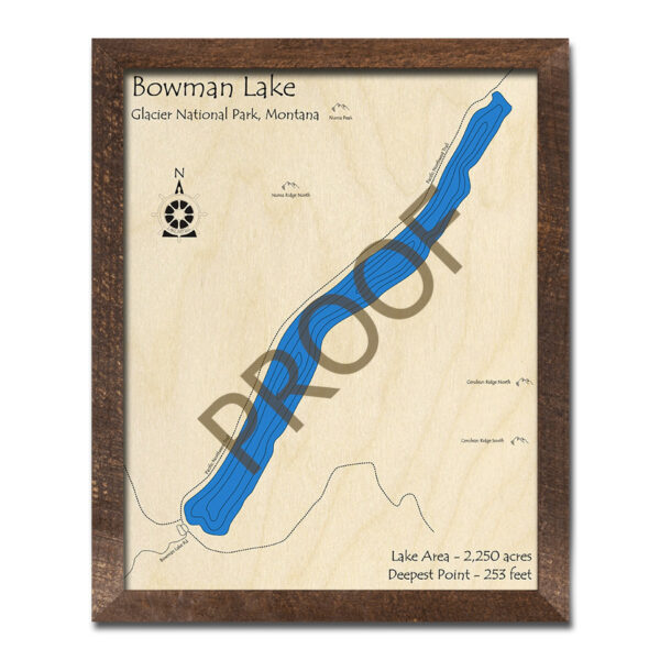 Bowman Lake 3D Wood Map, Montana, Nautical Wall Art