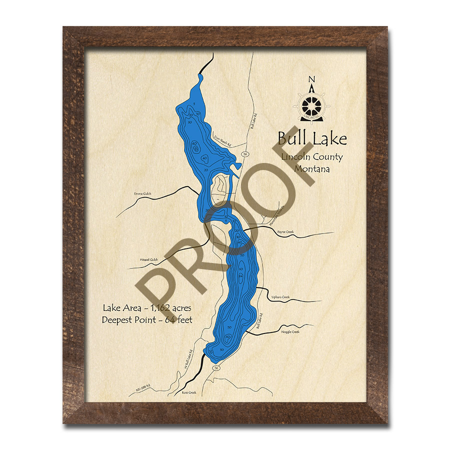 Bull Lake 3D Wood Map, Montana, Nautical Wall Art