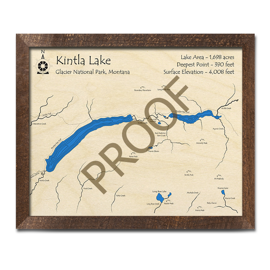 Kintla Lake - Upper Kintla Lake 3D Wood Map, Montana, Nautical Wall Art