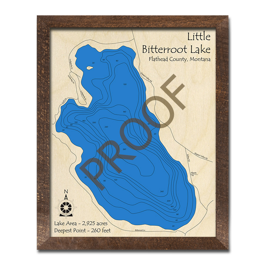 Little Bitterroot Lake 3D Wood Map, Montana, Nautical Wall Art