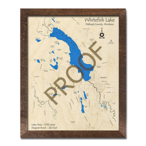 Whitefish Lake 3D Wood Map (Expanded Area), Montana, Nautical Wall Art