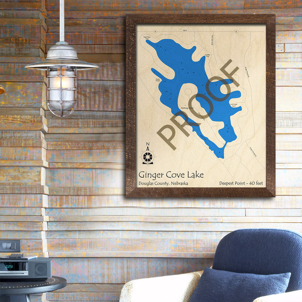 Ginger Cove Lake 3D Wood Map, Nebraska, Nautical Décor and Wall Art