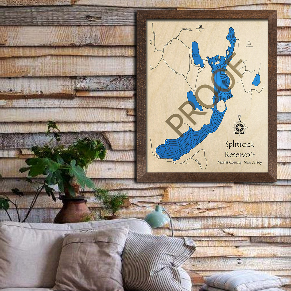 Splitrock Reservoir 3D Wood Map, New Jersey, Nautical Map Art
