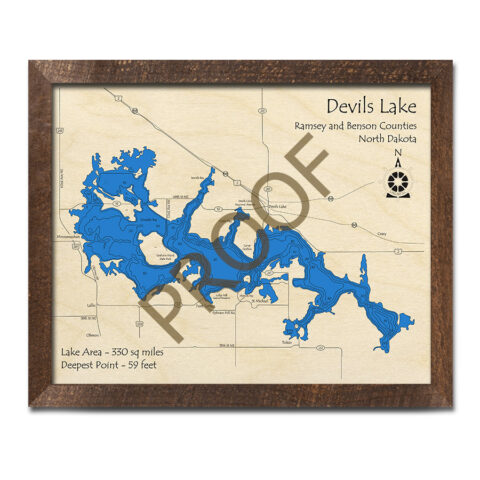 Devils Lake 3D Wood Map, North Dakota, Nautical Map Art