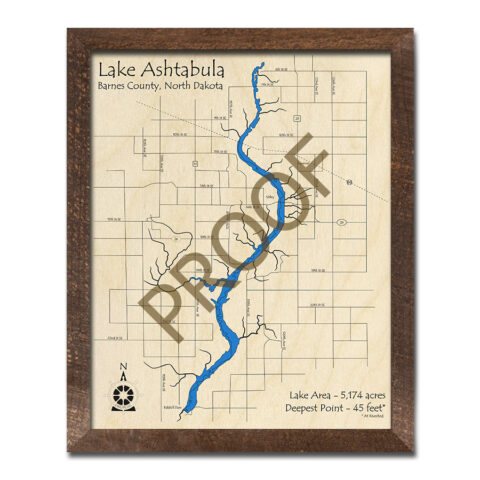 Lake Ashtabula 3D Wood Map, North Dakota, Nautical Map Art