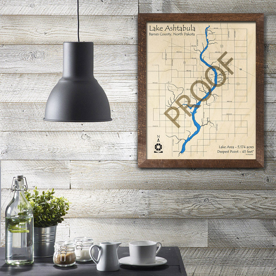 Lake Ashtabula 3D Wood Map, North Dakota, Nautical Map Art