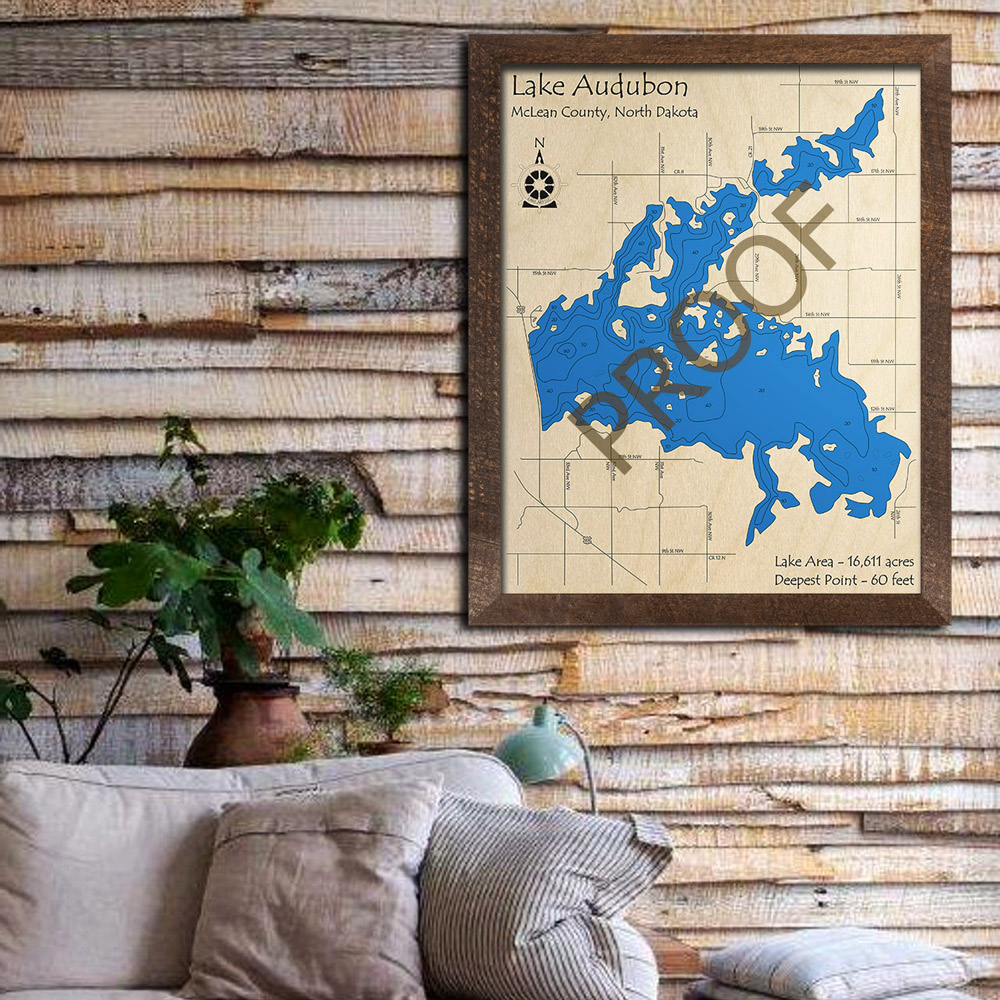 Lake Audubon 3D Wood Map, North Dakota, Nautical Map Art