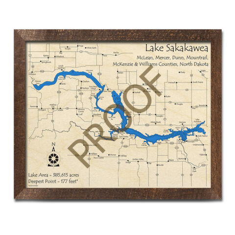 Lake Sakakawea 3D Wood Map, North Dakota, Nautical Map Art