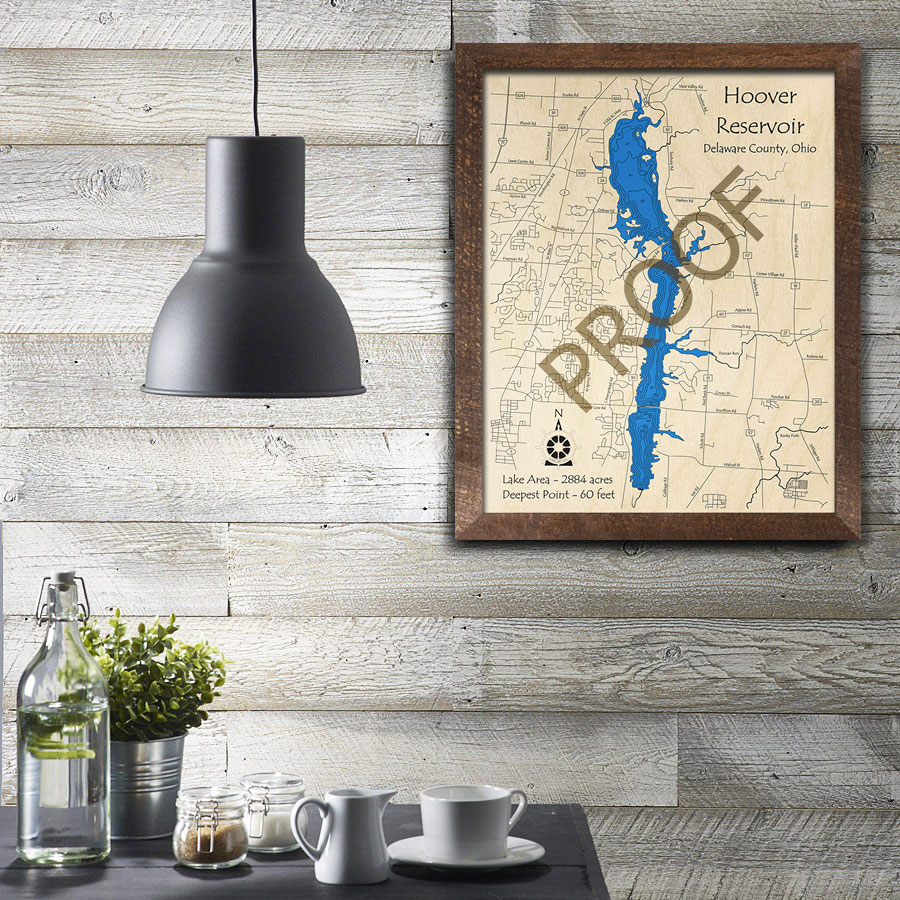 Hoover Reservoir 3D Wood Map, Ohio, Nautical Map Art