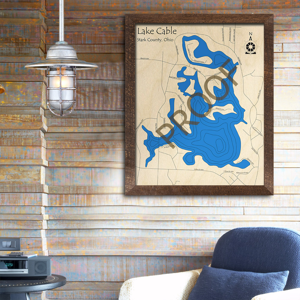 Lake Cable 3D Wood Map, Ohio, Nautical Map Art