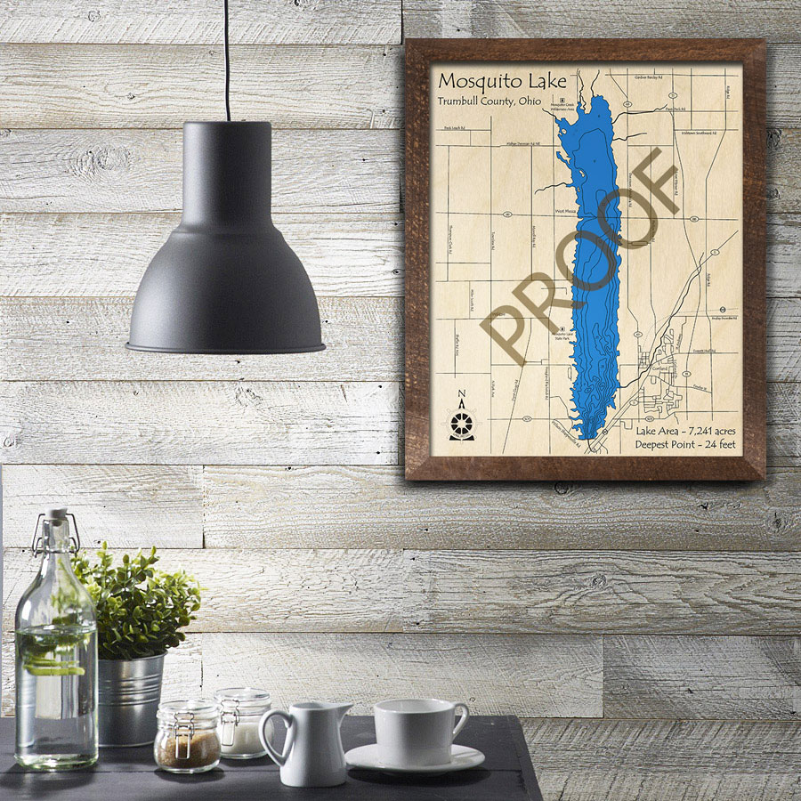Mosquito Lake 3D Wood Map, Ohio, Nautical Map Art