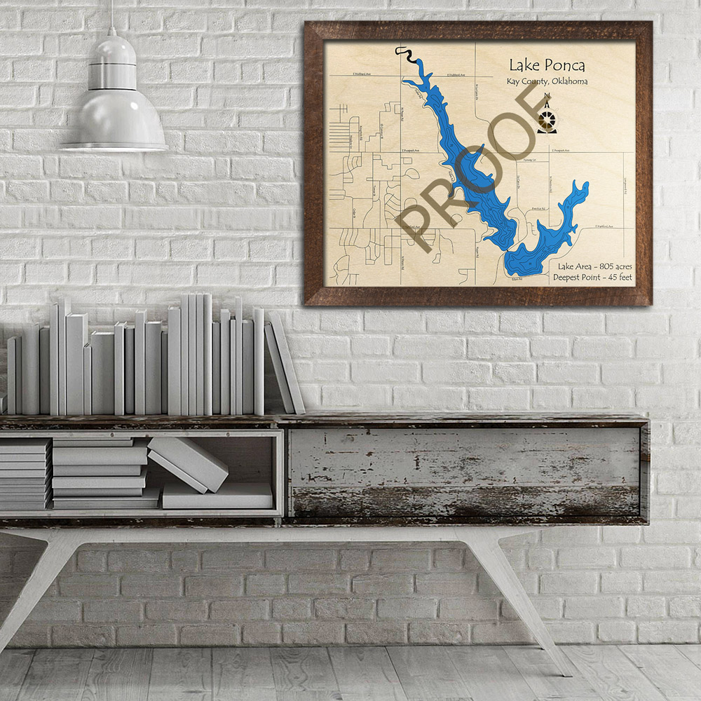 Lake Ponca 3D Wood Map, Oklahoma, Nautical Map Art