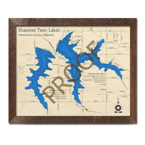 Shawnee Twin Lakes 3D Wood Map, Oklahoma, Nautical Map Art