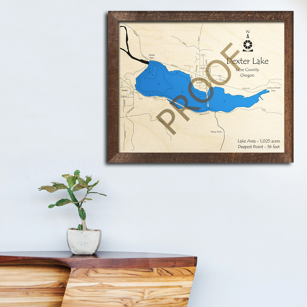 Dexter Lake 3D Wood Map, Oregon, Nautical Map Art