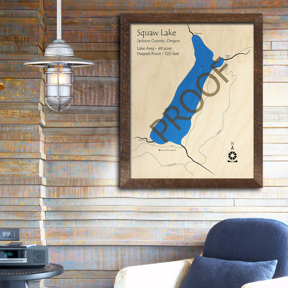 Squaw Lake 3D Wood Map, Oregon, Nautical Map Art
