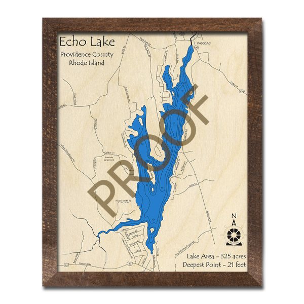 Echo Lake RI 3D Wood Map, Rhode Island, Nautical Map Art