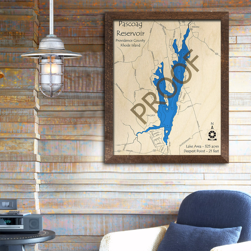 Pascoag Reservoir RI 3D Wood Map, Rhode Island, Nautical Map Art