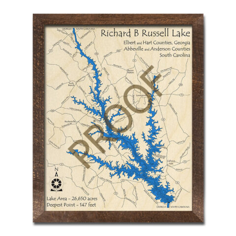 Lake Richard B Russell GA/SC 3D Wood Map, South Carolina, Nautical Map Art