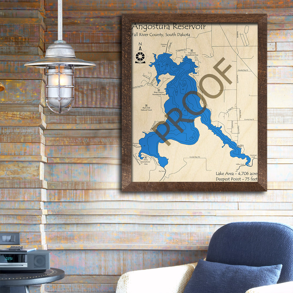Angostura Reservoir SD 3D Wood Map, South Dakota, Custom Lake Art
