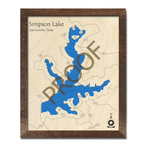 Simpson Lake 3D Wood Map, Texas, Custom Lake Art