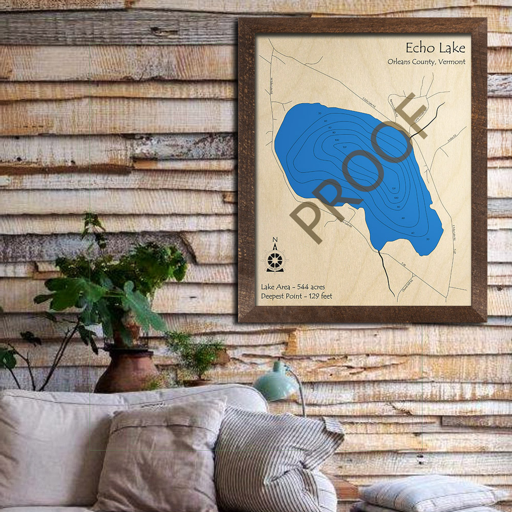 Echo Lake (Orleans) 3D Wood Map, Vermont, Custom Lake Art