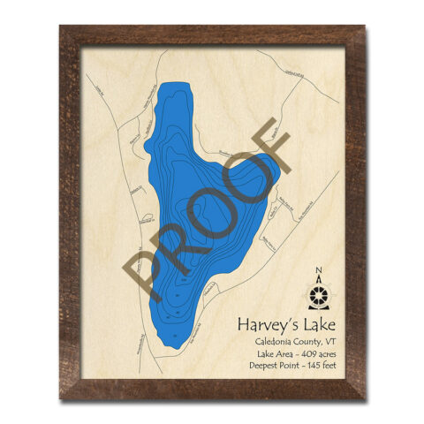 Harveys Lake 3D Wood Map, Vermont, Custom Lake Art