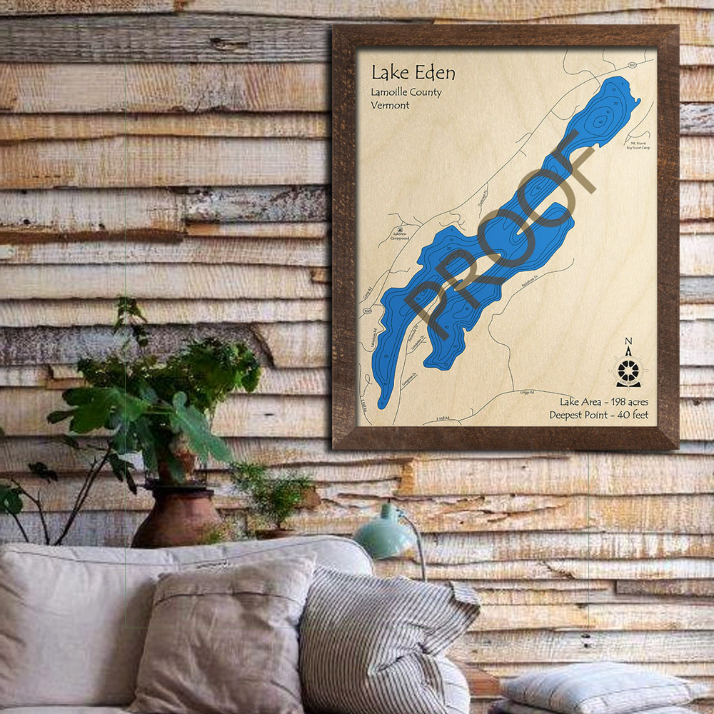Lake Eden 3D Wood Map, Vermont, Custom Lake Art