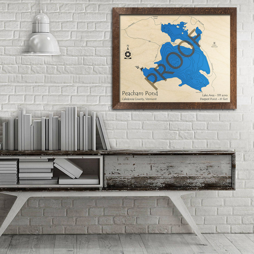 Peacham Pond 3D Wood Map, Vermont, Custom Lake Art