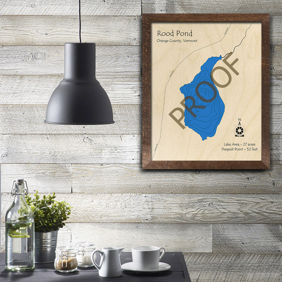Rood Pond 3D Wood Map, Vermont, Custom Lake Art