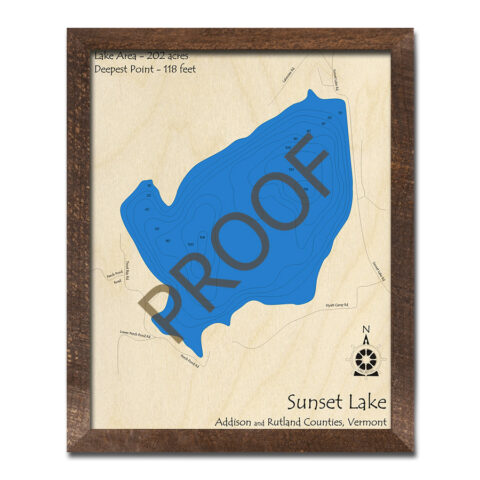 Sunset Lake 3D Wood Map, Vermont, Custom Lake Art